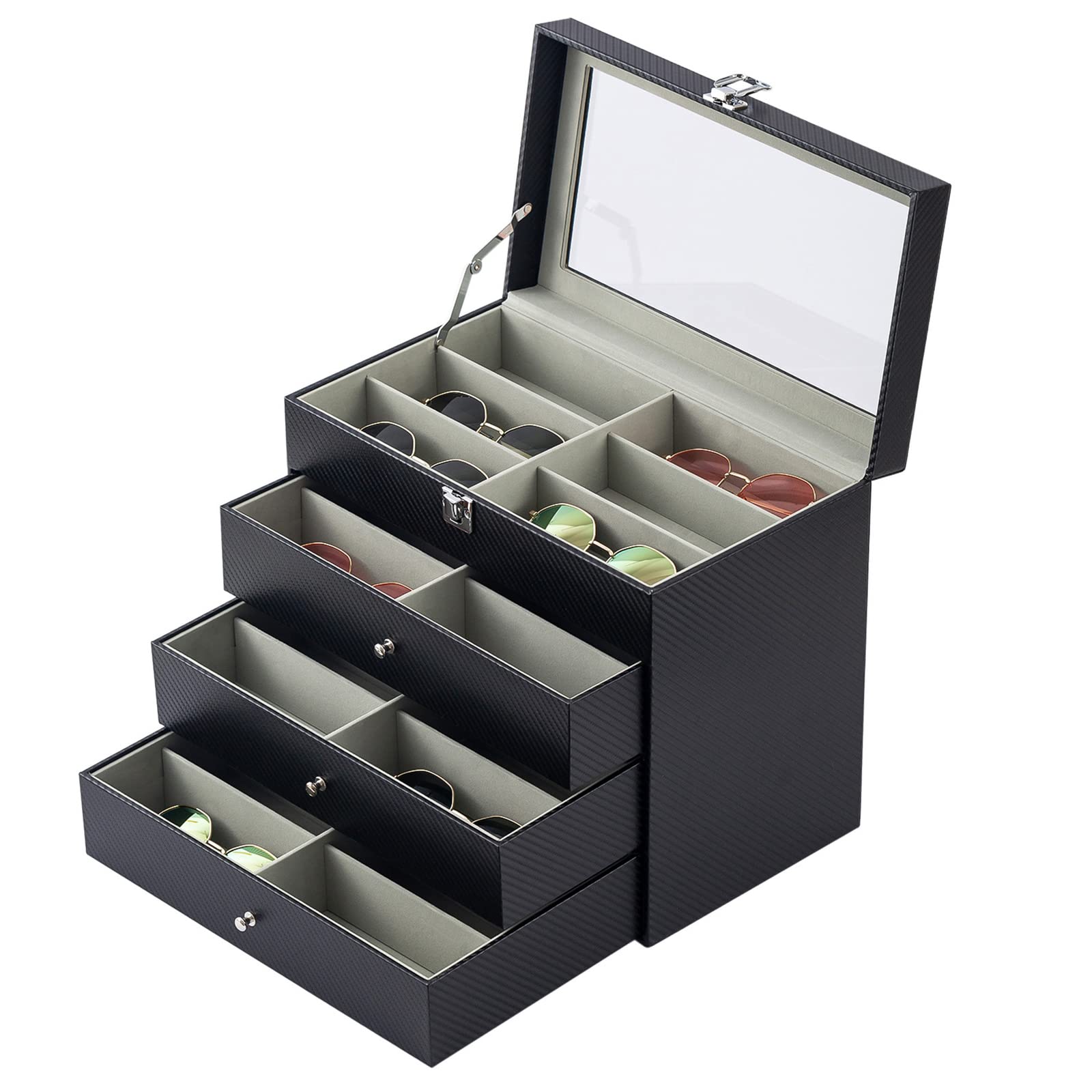 RUTILY 4 Layers Sunglasses Organizer Case 24 Slots Eyeglasses Display Storage Organizer Box Leather Sunglasses Holder Case for Eyeglasses Collector,Eyeglasses Display Case with Metal Lock