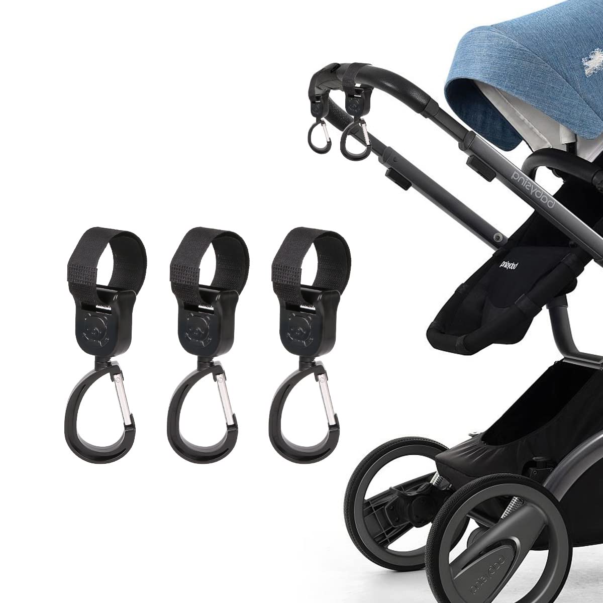 Ymeibe 3Pcs 360 Degree Rotation Baby Stroller Hooks, Multifunctional Baby Stroller Buckle, Rotating Hooks for Infants Babys Carriage Mommy Bag Diaper Bag Purse (Black)