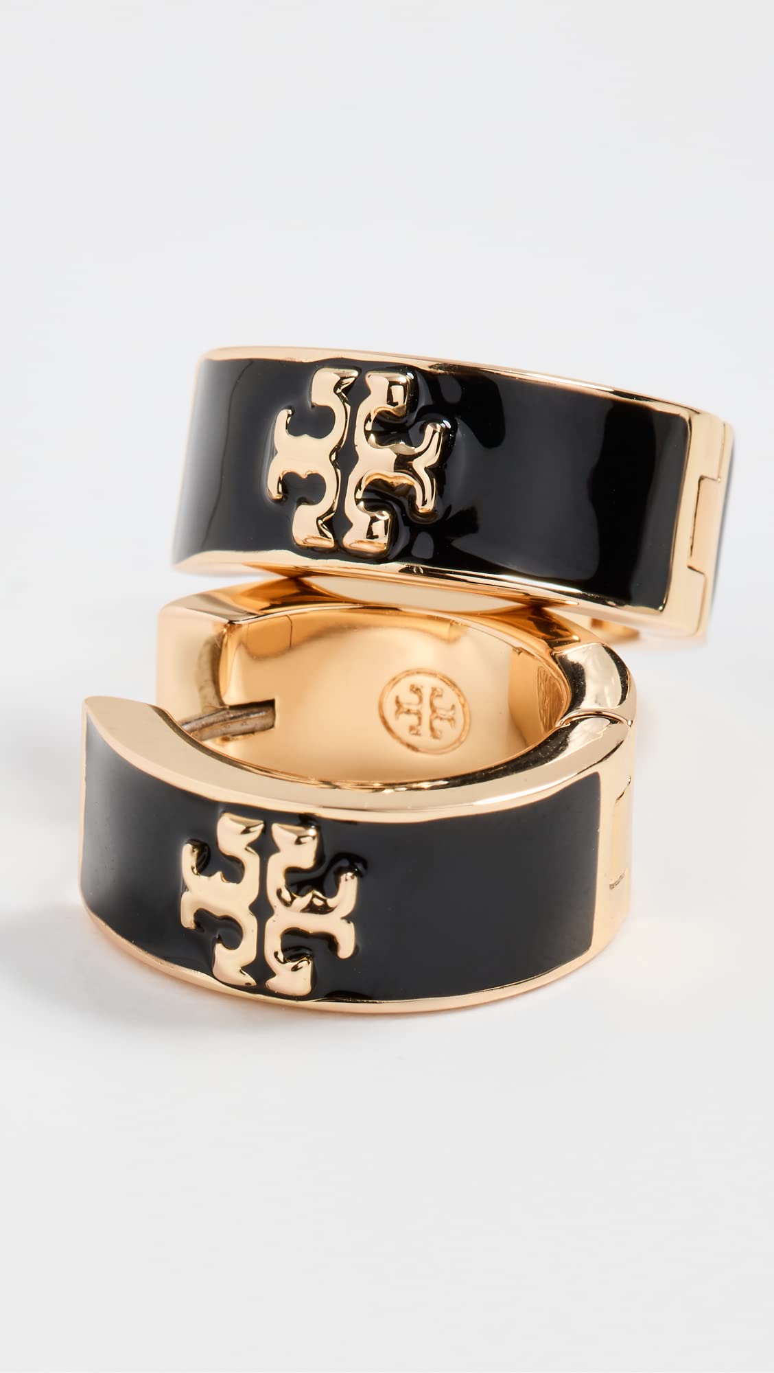 Tory Burch Women's Kira Enamel Huggie Hoop Earrings, Tory Gold/Black, One Size