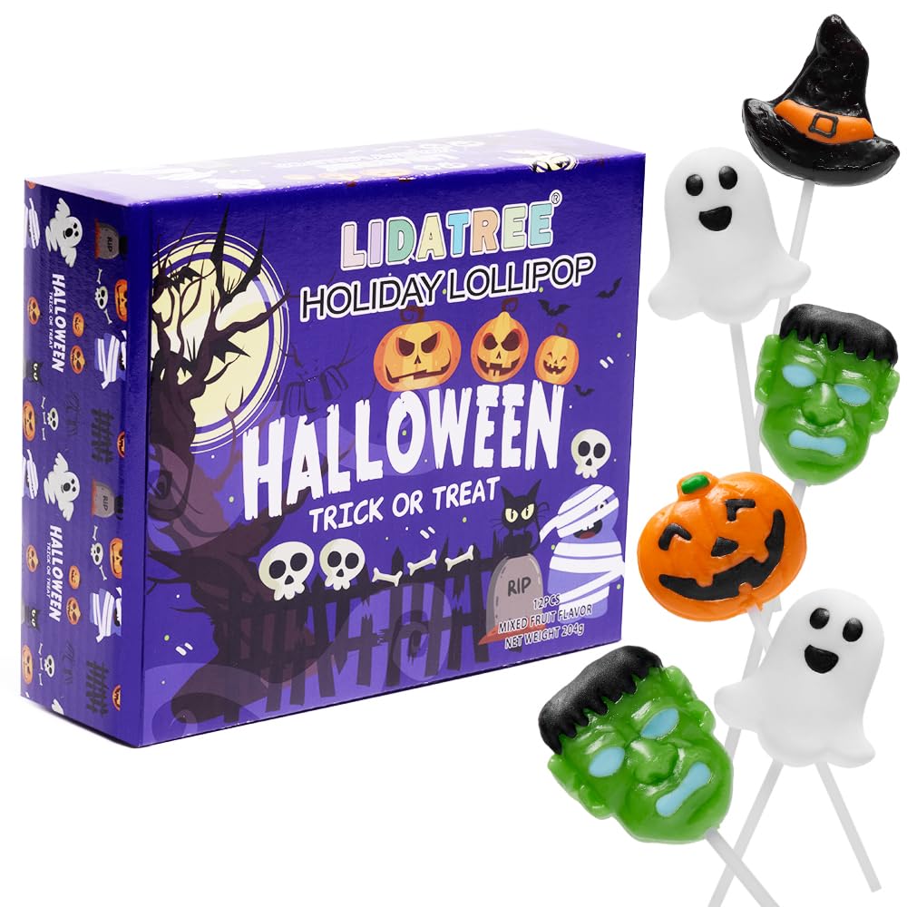 LIDATREE Halloween Lollipop Suckers, Pumpkin Candy , Spooky Candies, Individually Wrapped, Great for Goody Bag Fillers 12 Pack