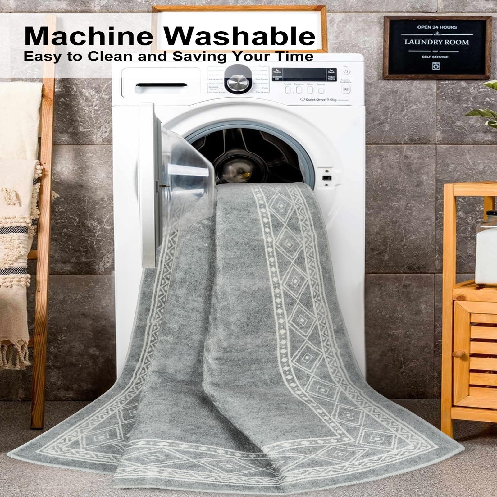 Lahome Modern Bordered Washable Bedroom Rug - 3x5 Rugs for Living Room Ultra-Thin Soft Gray Rug for Entryway Bedroom, Non-Slip Stain Resistant Small Carpet for Laundry Bedroom Office(3'x 5',Grey