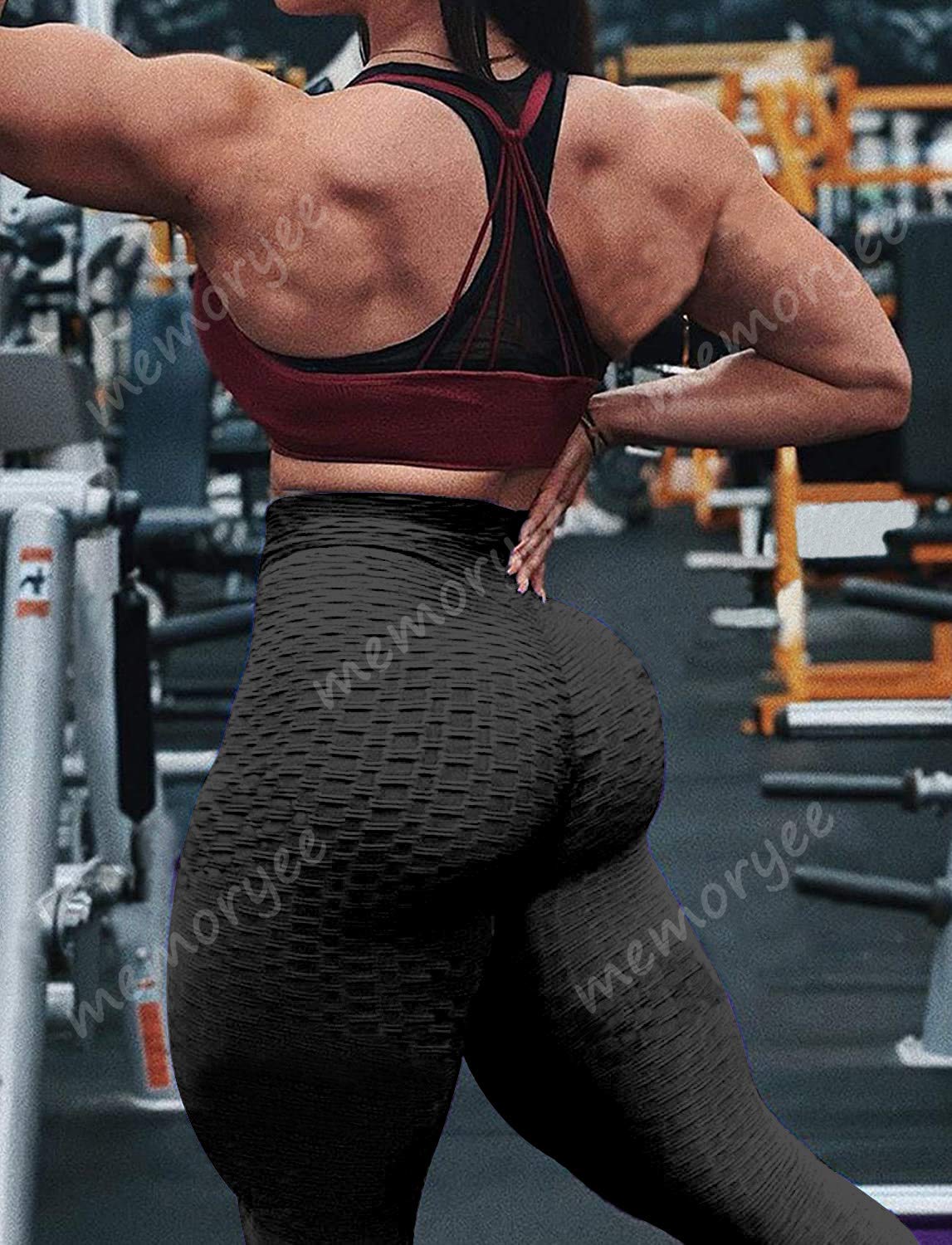 Memoryee Women's Honeycomb Leggings Running Butt Lift High Waist Yoga Pants/Black/L。