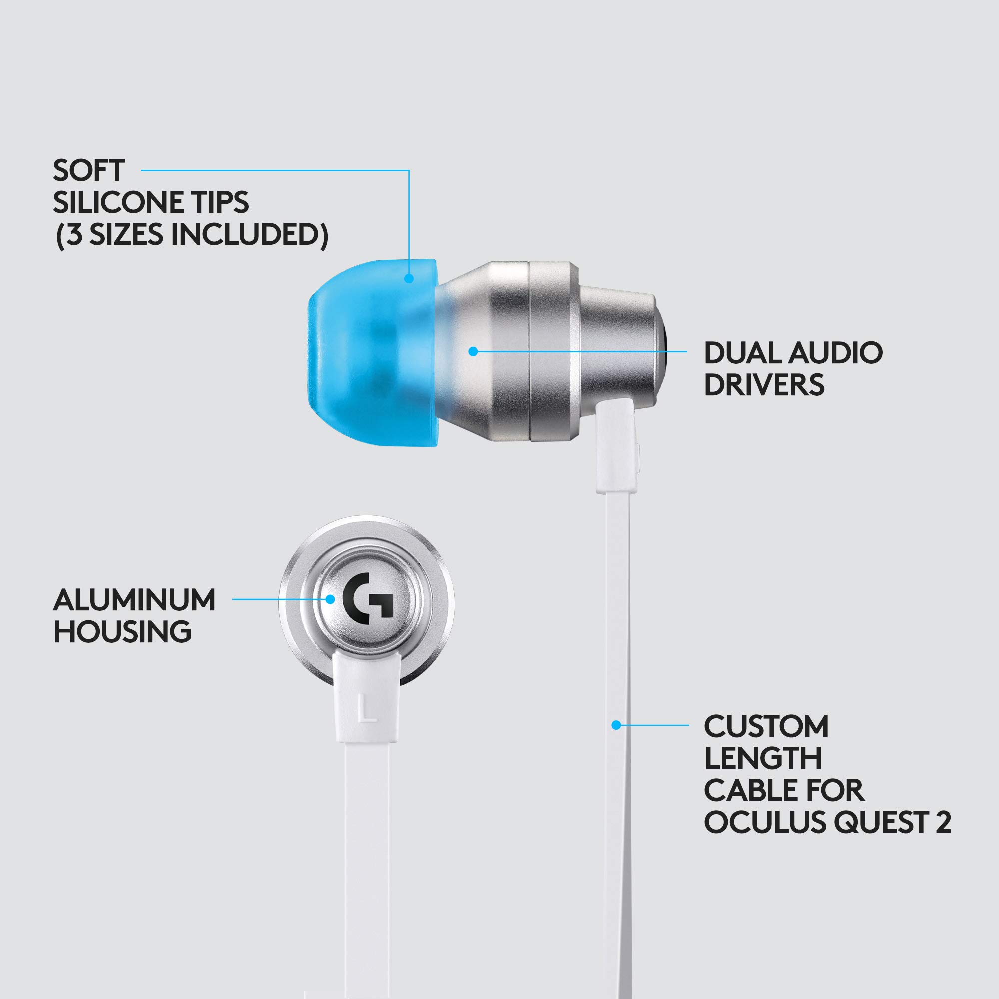 Logitech G333 VR Earphones for Oculus Quest 2 - Oculus Ready - Custom-length Cable and Straps - Dual Driver Audio Designed for Gaming - Durable Aluminum Housing - Low-Latency 3.5 mm Aux
