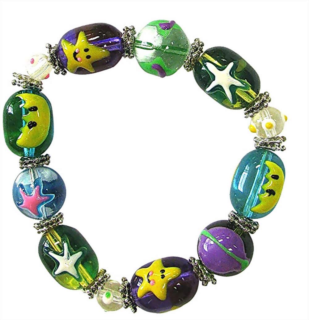Linpeng GBP-062/070 2-Piece Fiona Hand Painted Moon Star Planet and Bees Glass Beads Stretch Bracelets