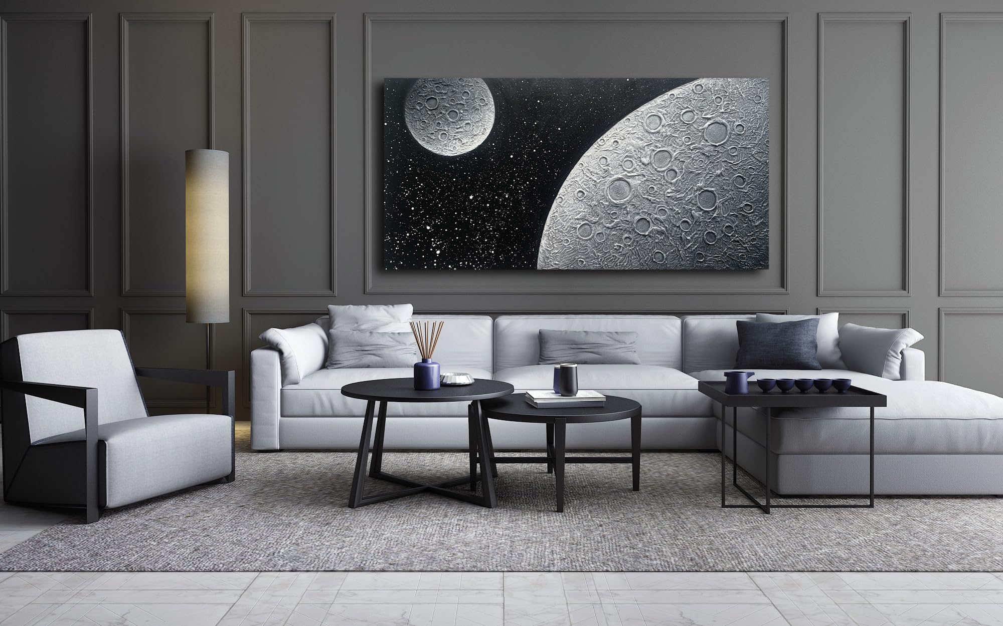 Landswaydecor Black and Grey Wall Art Moon Surface Canvas Oil Painting Home Decor Hand Painted Modern Textured 3D Artwork for Bedroom Living Room