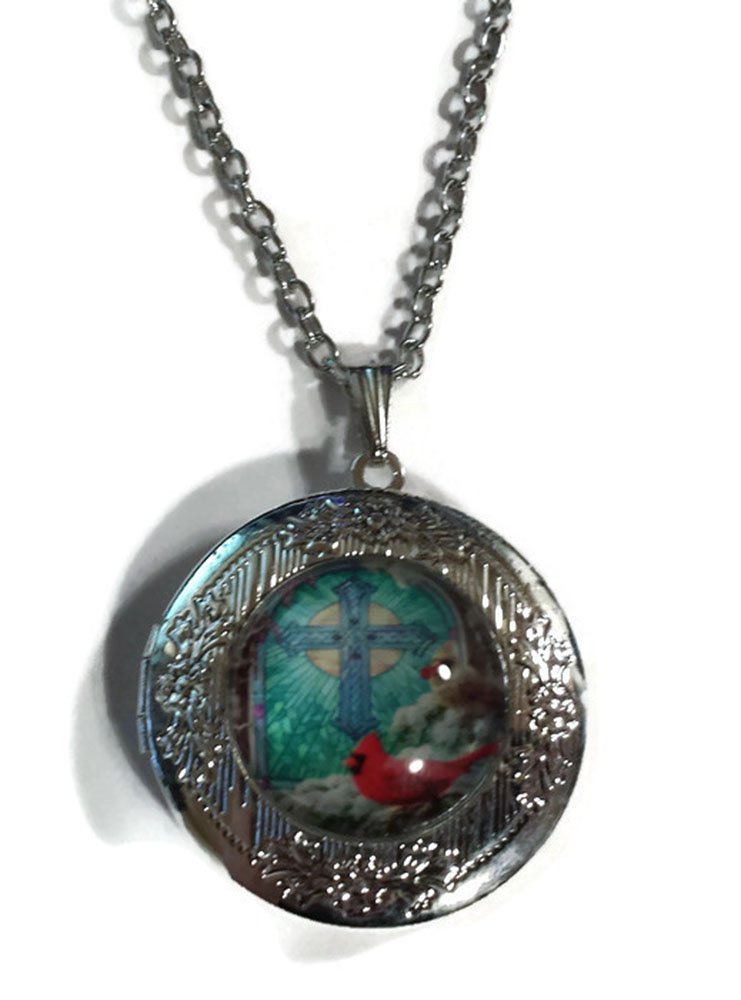 Mama Bear's Gift Shop Red Cardinal Bird Cross Silver LOCKET Pendant Necklace with Chain Women's Children's Men's Fashion Jewelry