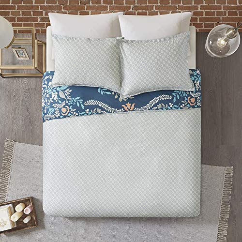 Madison Park Eden 3 Piece Cotton Printed Reversible Duvet Cover Set, Full/Queen(90"x90"), Navy