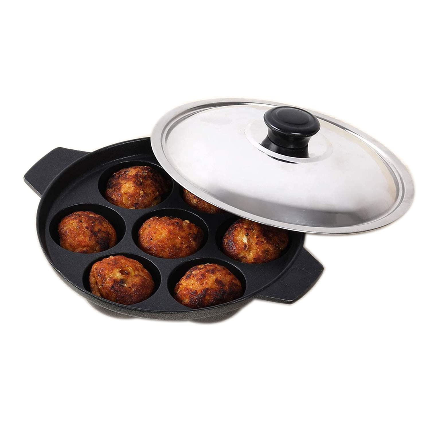 SRIYUG Non-Stick Appam Pan with Stainless Steel Lid, 6.5" x 6" x 1.5"
