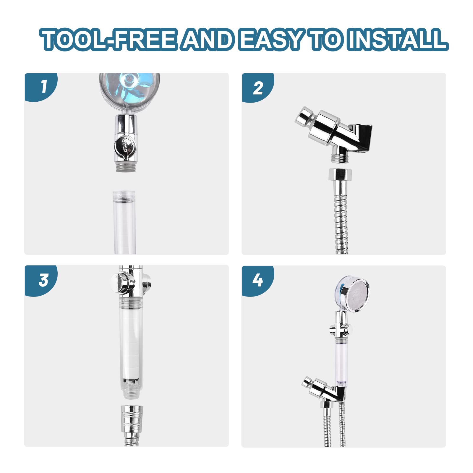 TESECU Turbo Shower Head, Modern Style, 5 Settings, 6 L/min Flow, 360 Rotation, Tool-Free Installation, ABS Material, Stainless Steel Panel, 79" Shower Hose, Bath Ball, Shampoo Comb