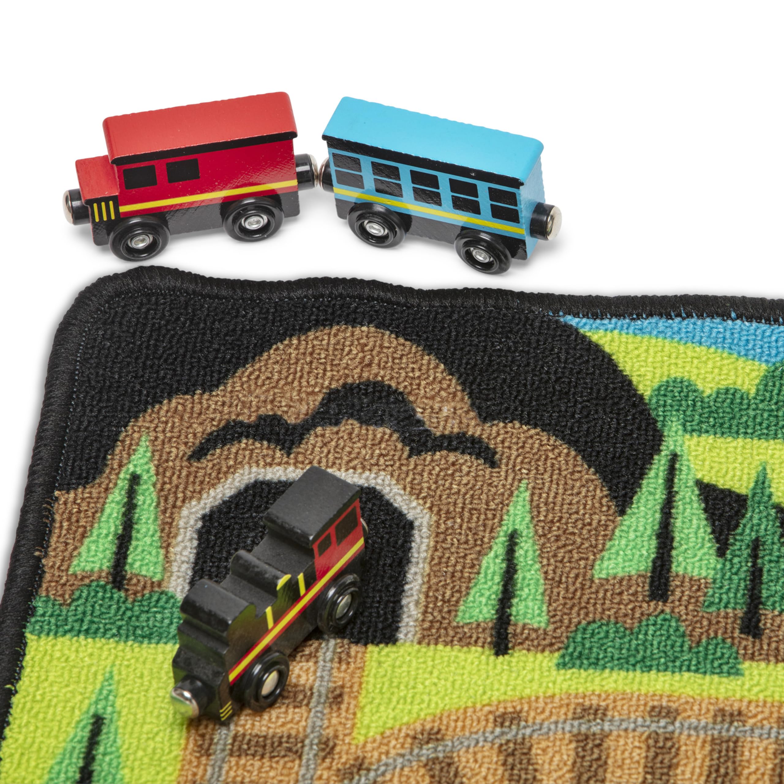 Melissa & Doug Round the Rails Train Activity Play Rug, 3 Wooden Train Cars (39" x 36")