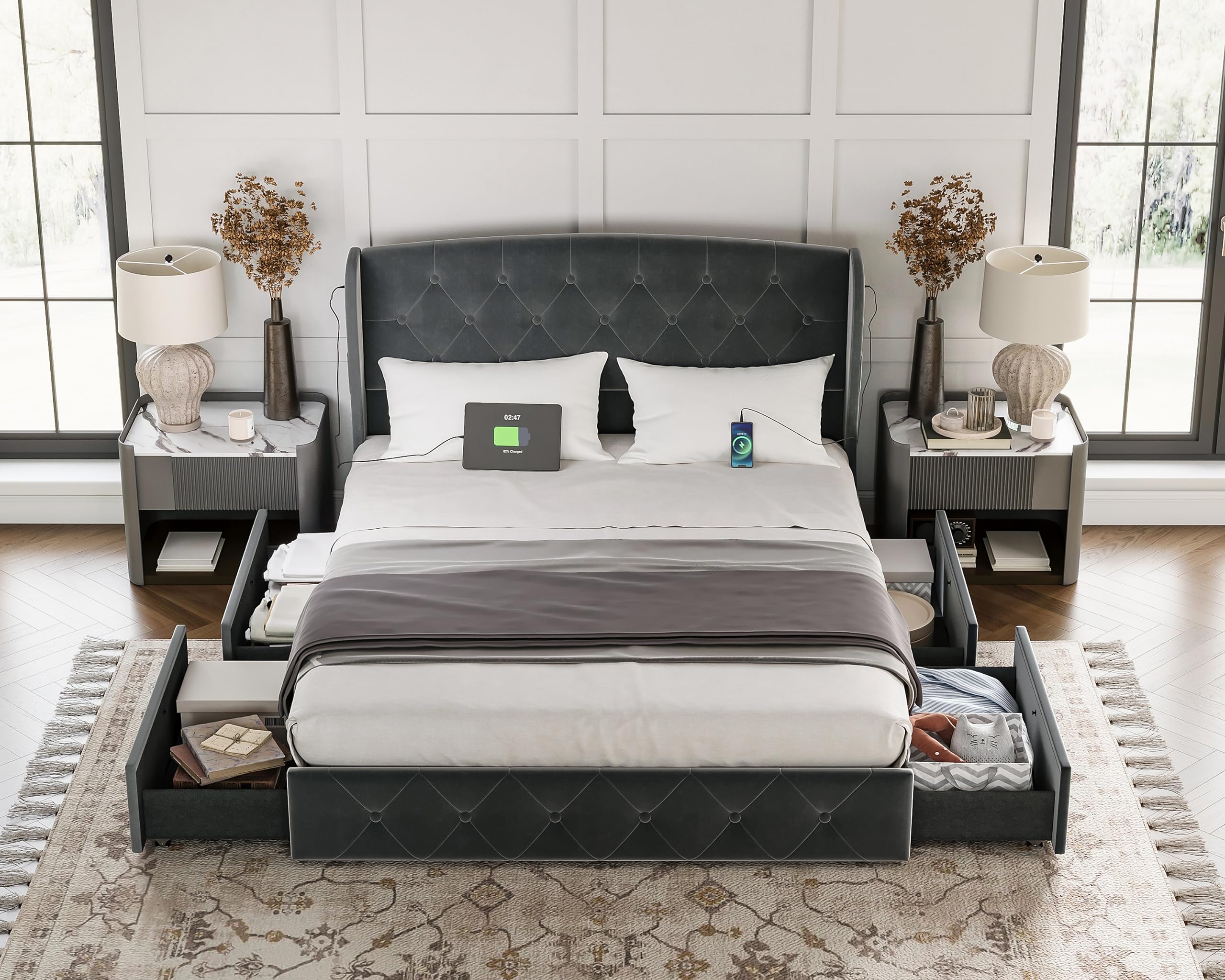 LINSY Upholstered Queen Bed Frame with 4 Drawers, RGB Lights, Fast Charger and Headboard - No Box Spring Needed, Dark Grey