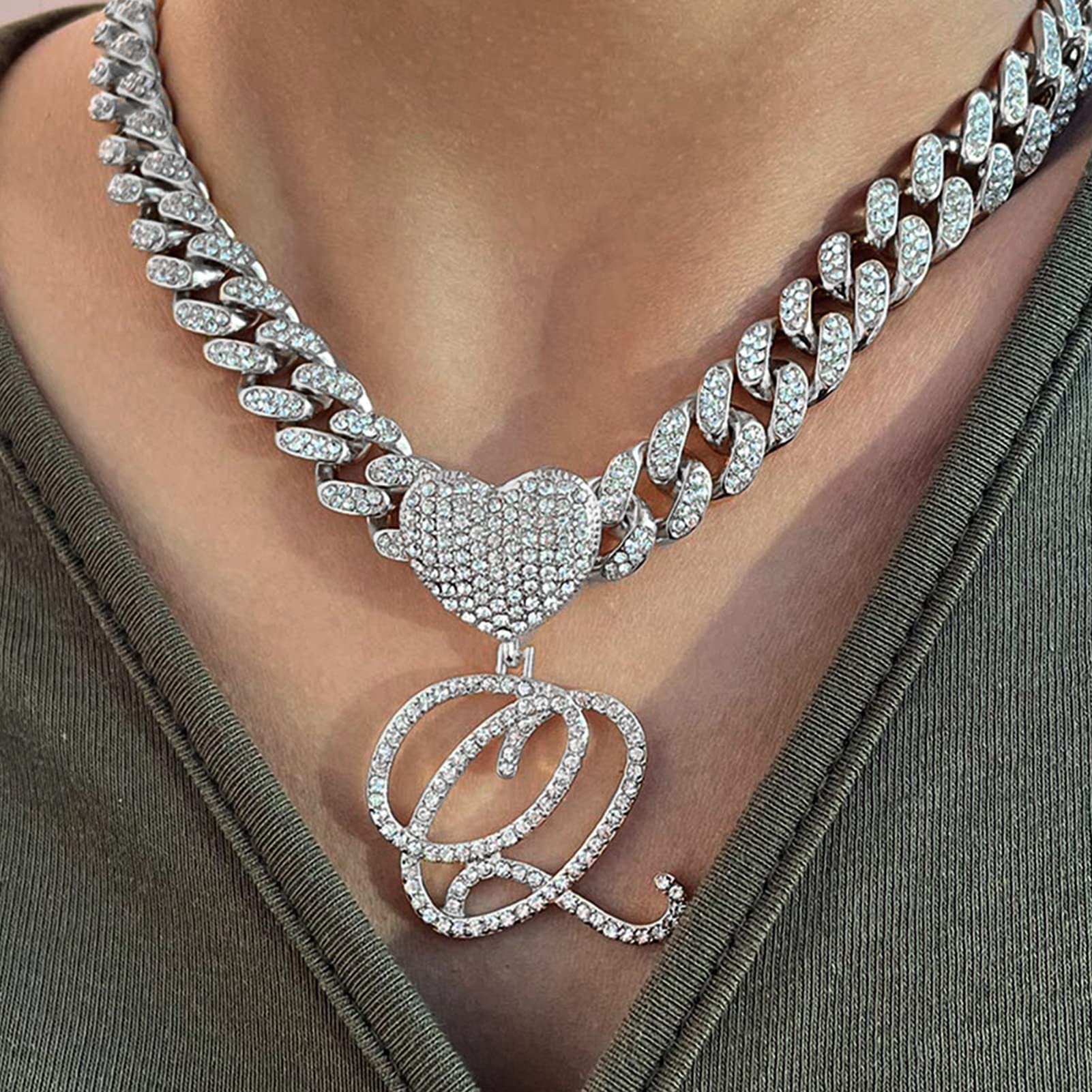 PTJDSMF Cursive Silver Initial Pendant Necklaces Alphabet Pendant Miami Cuban Link Chain Necklace for women Hip Hop Iced Out Letter Chain with Pendant Jewelry … (Cuban Link Chain K)