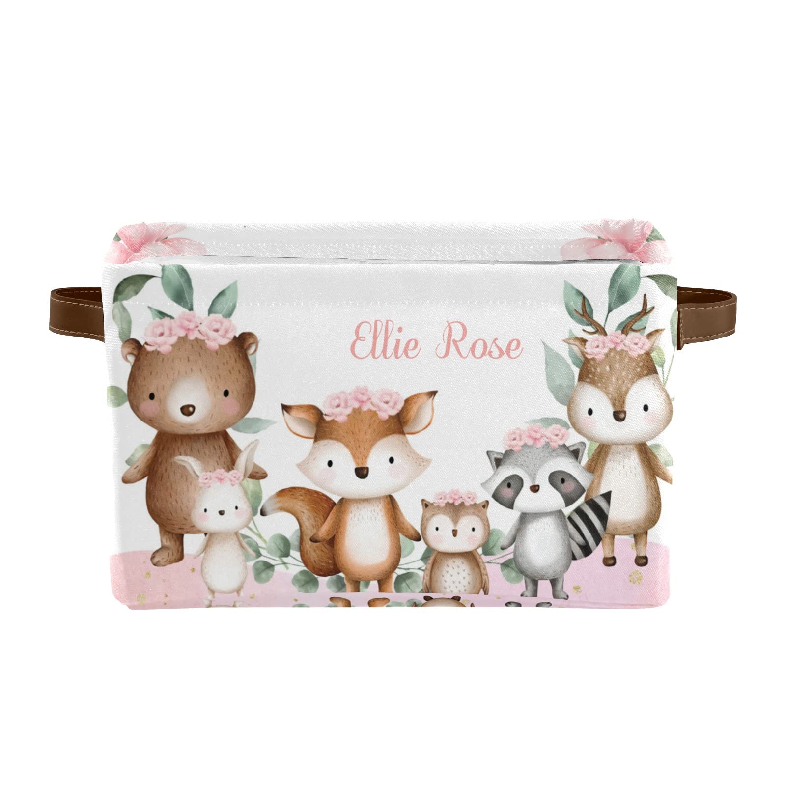 Woodland Animals Pink Floral Personalized Storage Bins,Foldable Baskets Organizer with Handle for Nursery Pet Toy Clothes Box 4 Packs