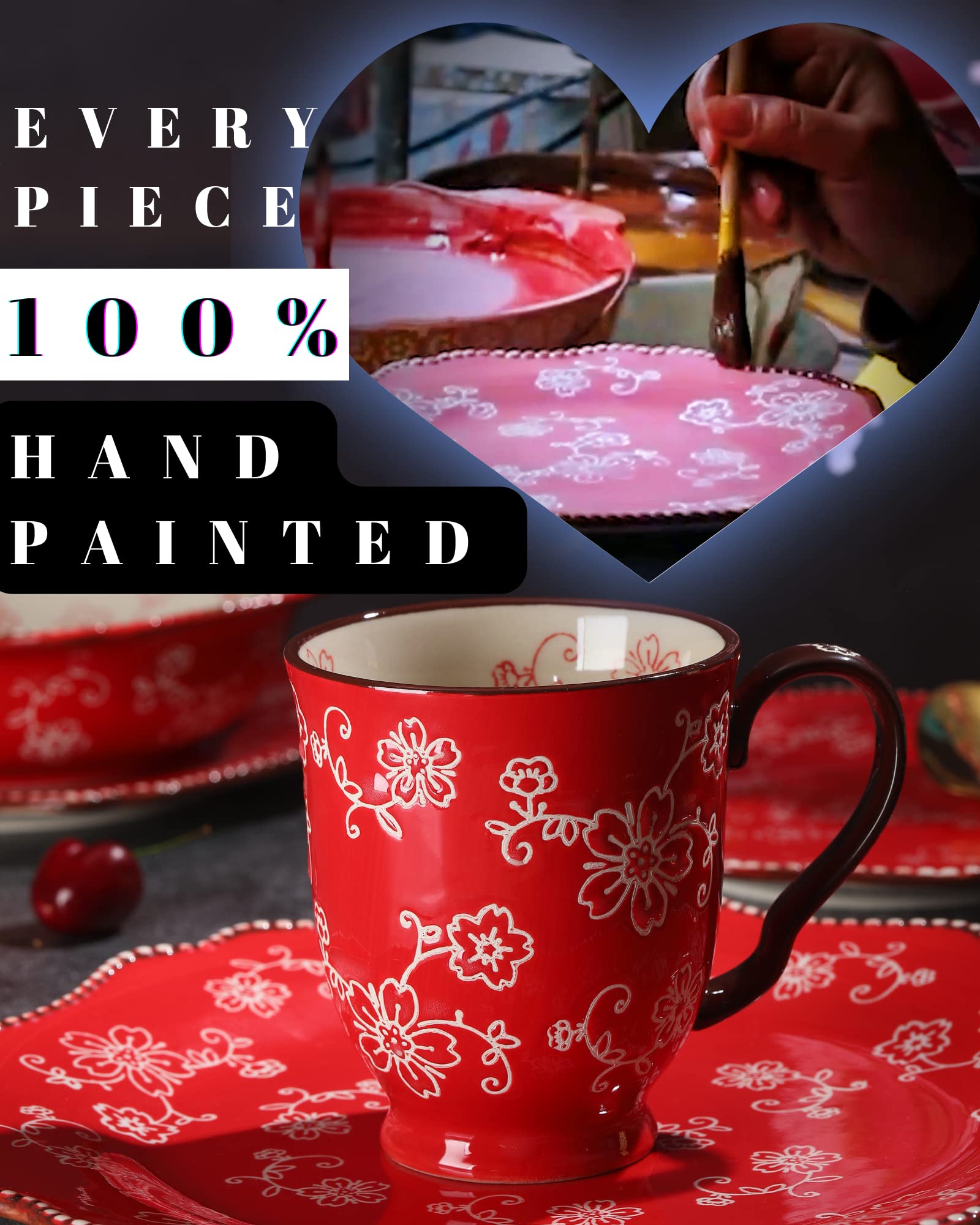 KUNABOO Artisanal Ceramic Mugs, Ceramic Coffee Cups, Coffee Mug Set of 2-11 oz -Sakura Floral Series Cherry Red - Ready to Wrap Gift