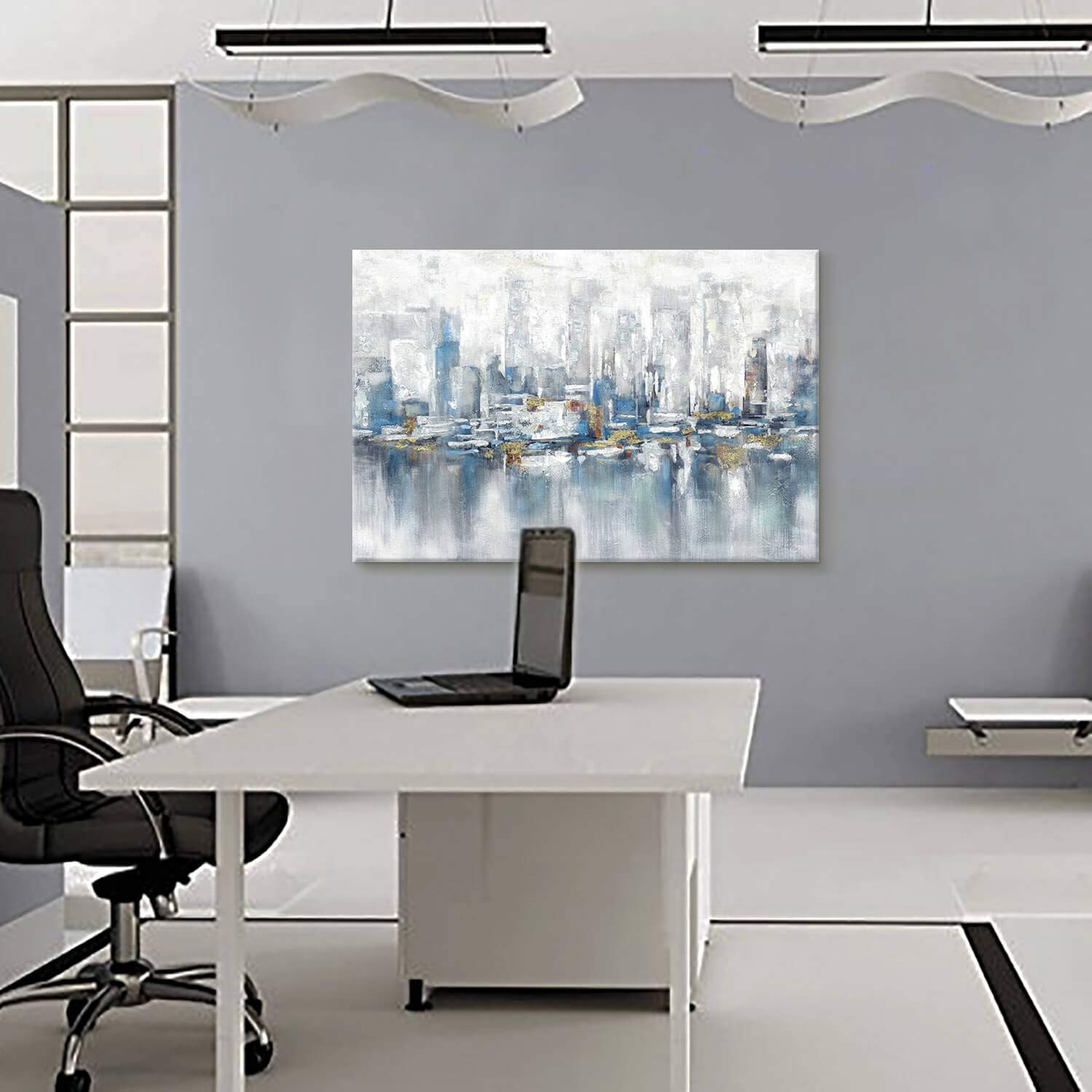 Modern Urban Abstract Painting Artwork: Contemporary Cityscape Hand Painting Abstract Canvas Wall Art for Living Room (45β x 30β x 1 Panel)