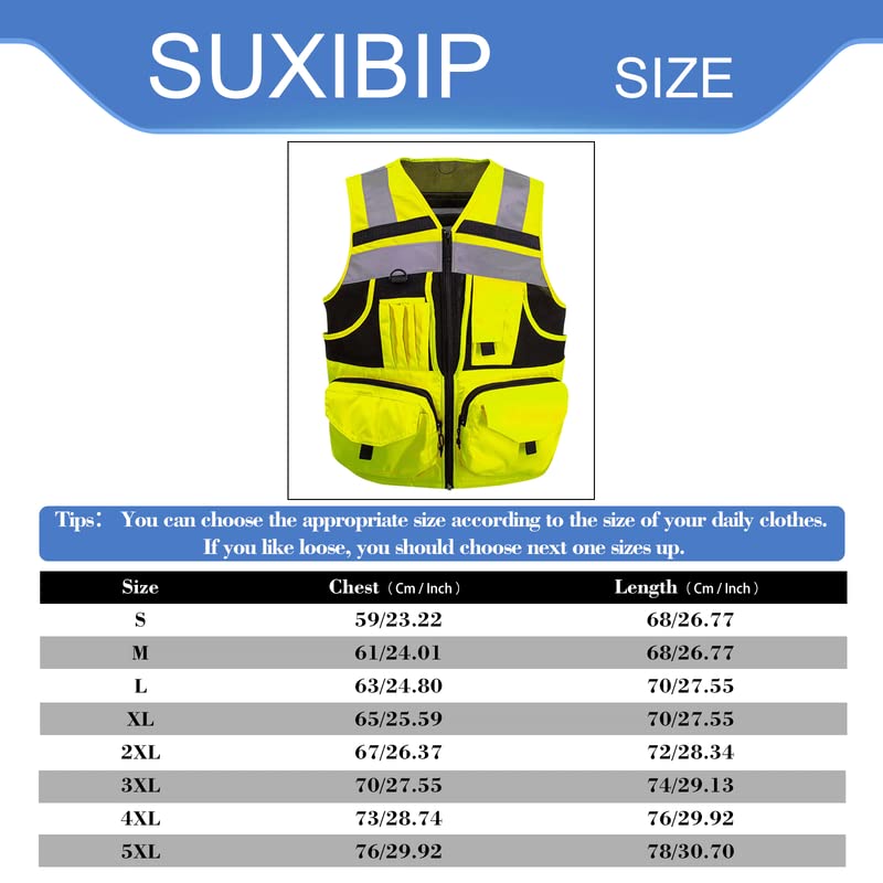 ZUJA 3M Reflective stripes Safety Vest Hi-vis Yellow knitted Vest with 10 pockets Bright Construction Workwear for men and women. (Medium)