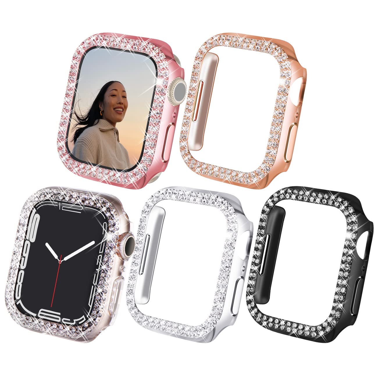 NewWays 5-Pack Bling Cases with Screen Protector Compatible for Apple Watch 42mm, Protective Cover for iWatch SE Series 6 5 4 3 2 1 (42mm, Black/Pink/Rose Gold/Silver/Iridescent)