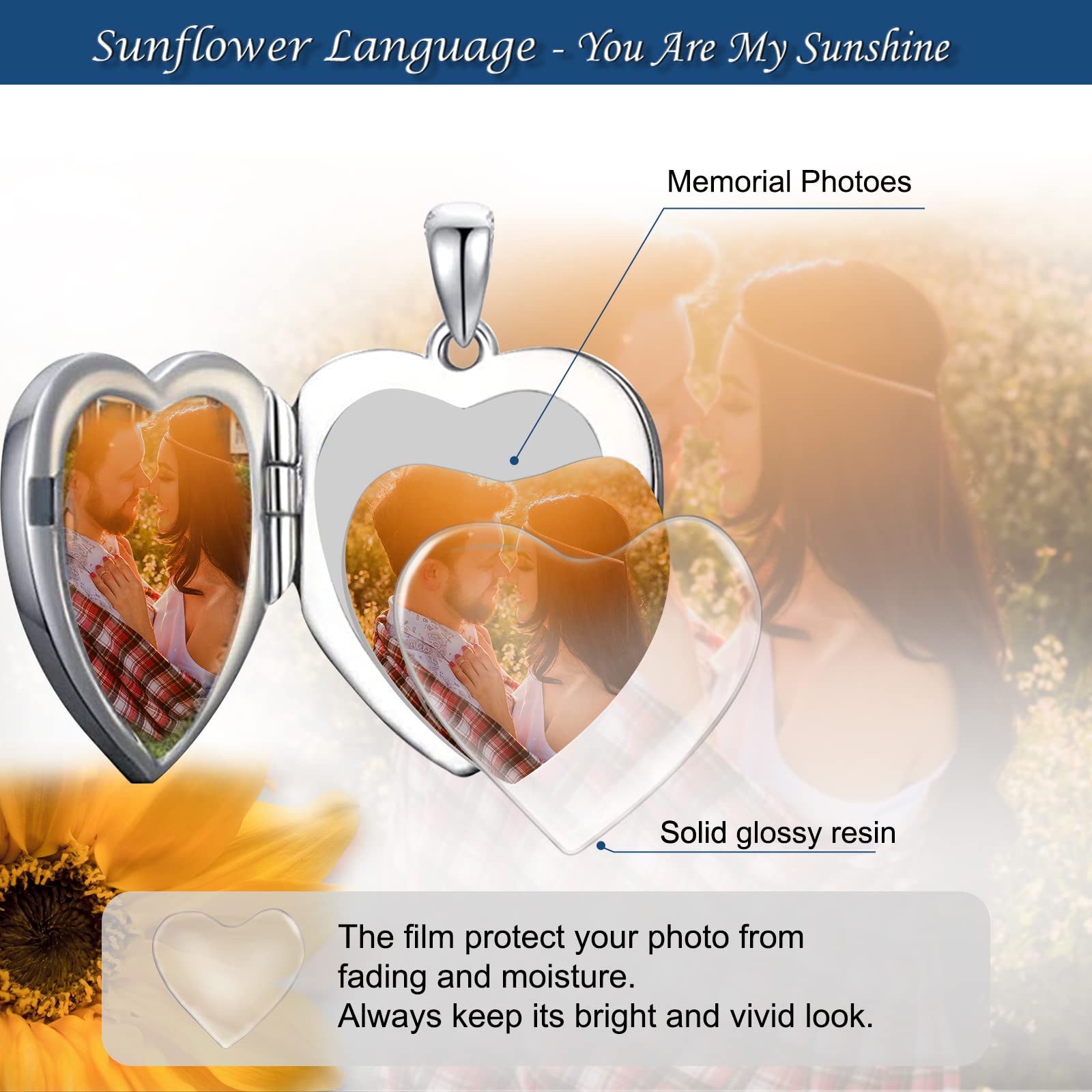 SOULMEET Personalized Sunflower Heart Locket Sterling Silver Necklace That Holds 2 Pictures Memory Photo Lockets Custom Any Photo (Custom photo & text)