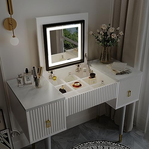 Lifeand 43.3" Modern Vanity Table Set with Flip-top Mirror and LED Light, Dressing Table with Customizable Storage, Marble-Style Stickers Tabletop, White+Gray