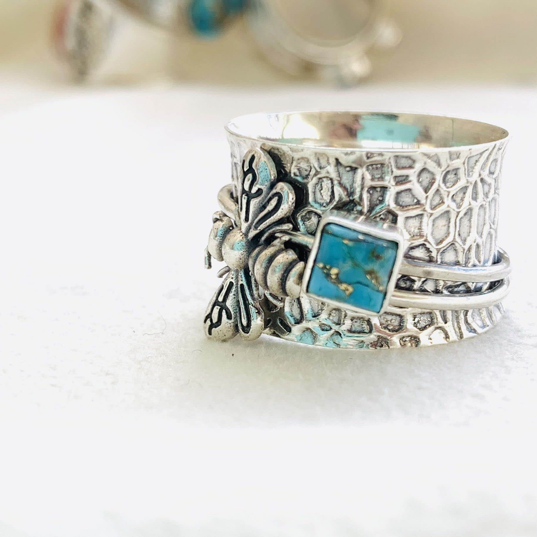 Very Rare Honey Bee Copper Turquoise Silver Spinner Ring | 925 Sterling Silver Stone Spinner Ring | Designer Hand Carved Silver Ring Gift (Ring Size-8)