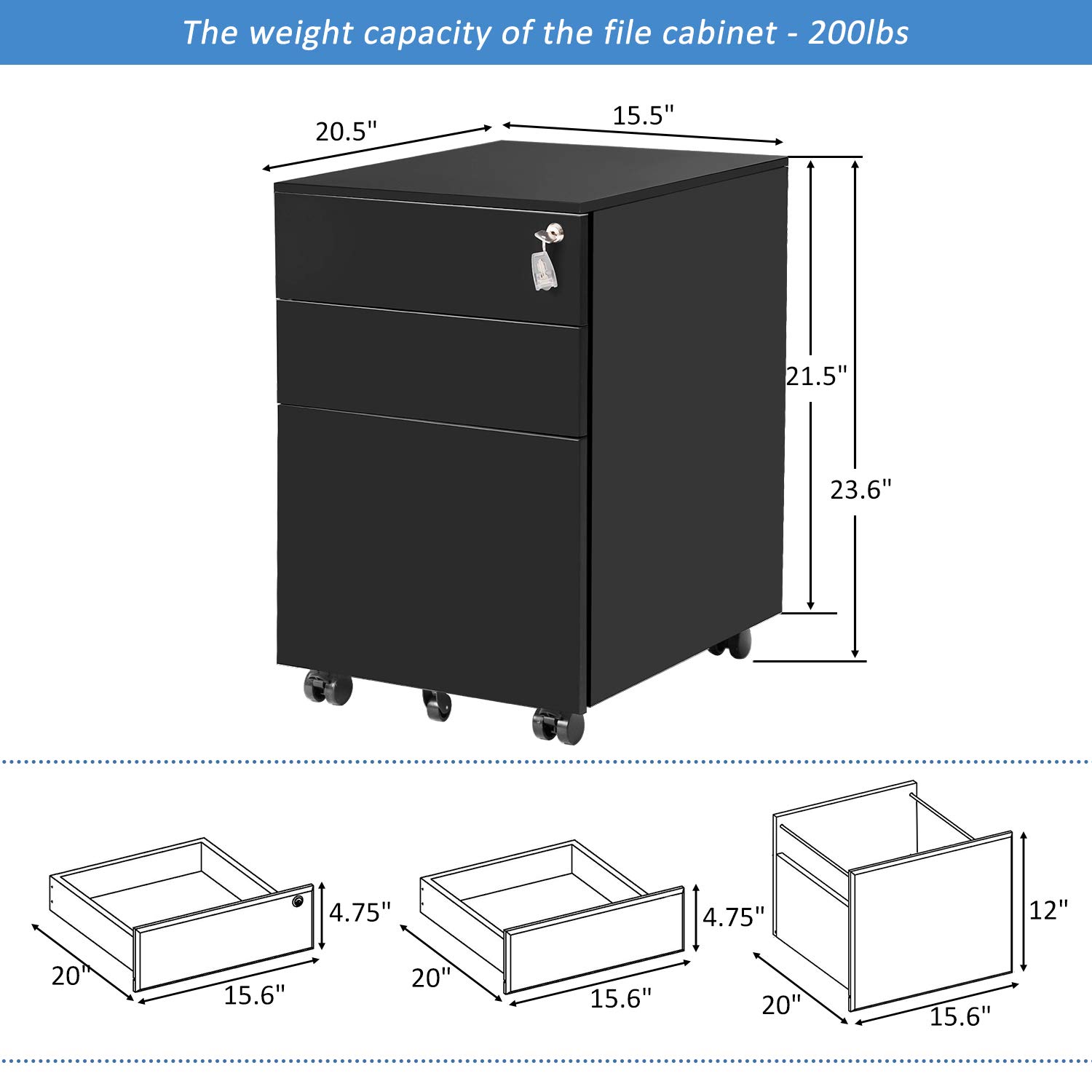 ModernLuxe 3 Drawer Metal Mobile File Cabinet with Lock Metal Filing Cabinet for Legal/Letter/A4/F4 Size Fully Assembled Home Office File Cabinet(Except Casters)
