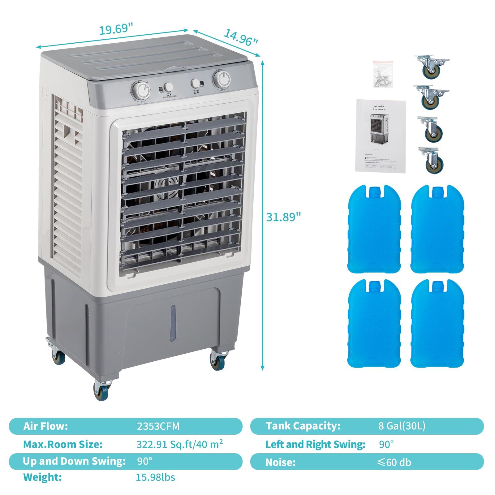 Winado Portable Swamp Cooler w/Wheels, 2353 CFM Evaporative Air Cooler w/ 8 Gallon Water Tank, 3-in-1 Cooling Fan with 3 Speed & Auto Oscillation & 1H Timer for Home & Commercial 80W