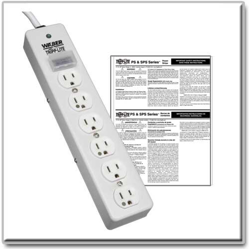 TRIPP LITE SPS606HGRA Surge Protector Strip Medical RT Angle Plug 6 Outlet 6-Feet Cord Light Gray
