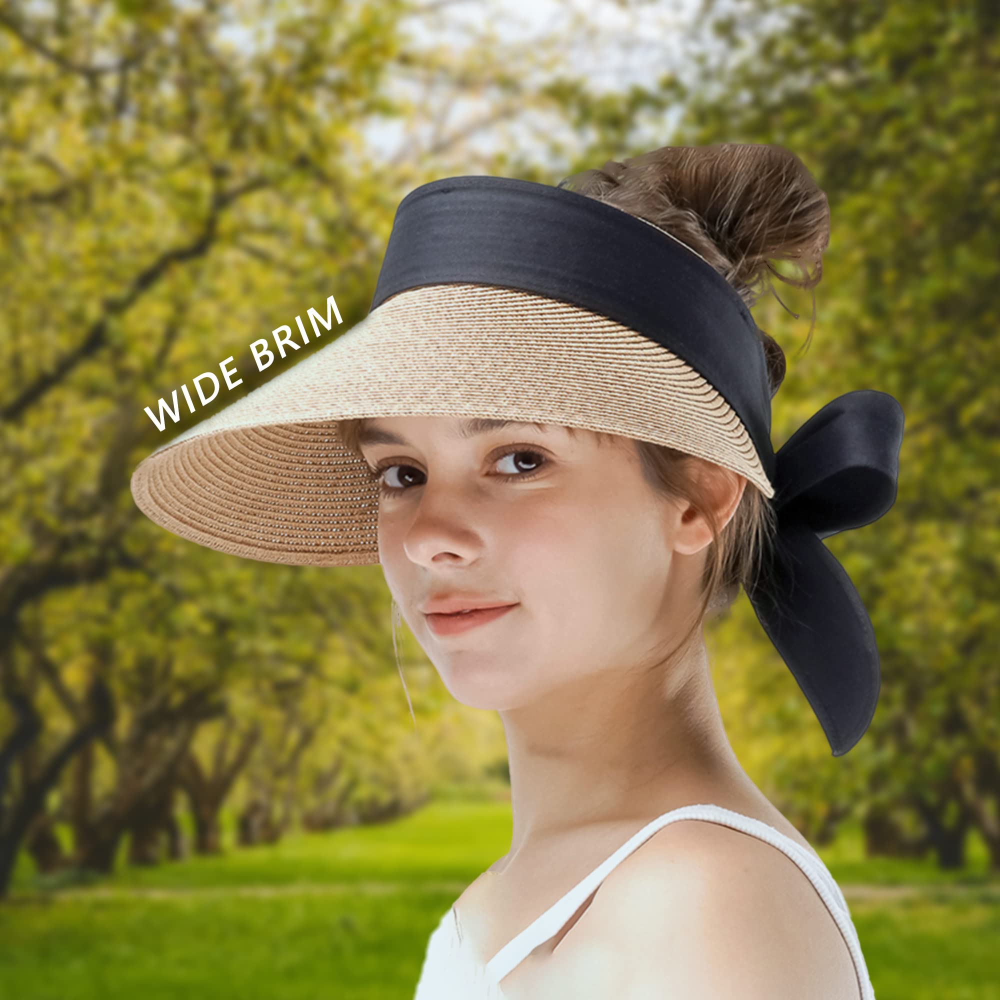 Naforet Womens Sun Hat Sun Visor Tie Back Straw Wide Brim Roll-up Sun Hat Adjustable Packable, Designed in Korea