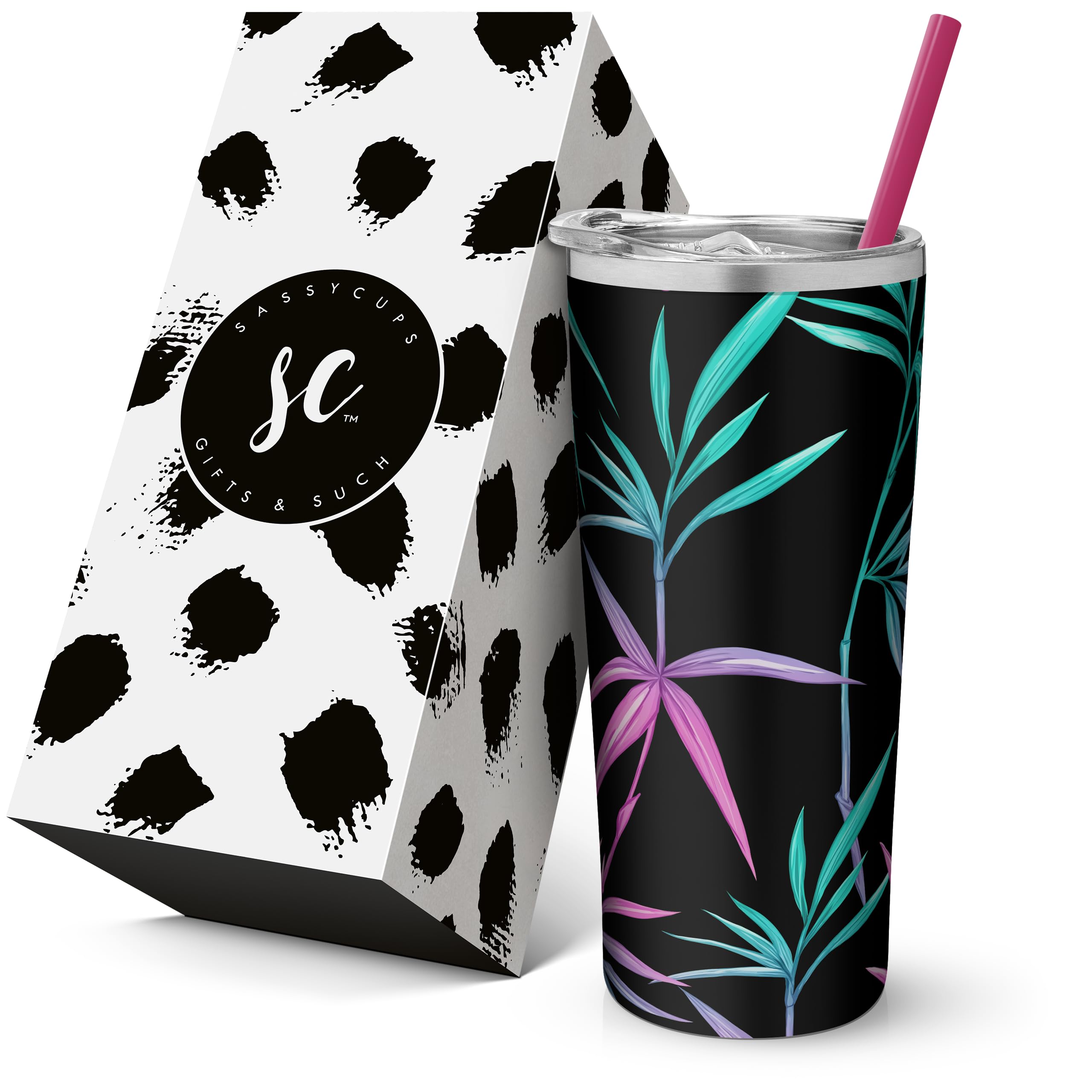 SassyCups Tropical Print Vacuum Insulated Stainless Steel Skinny Tumbler with Straw - Travel Gift, Christmas Gift, Tropical Palm Tree Themed Water Bottle, Travel Mug - Gift for Vacation, Adventure