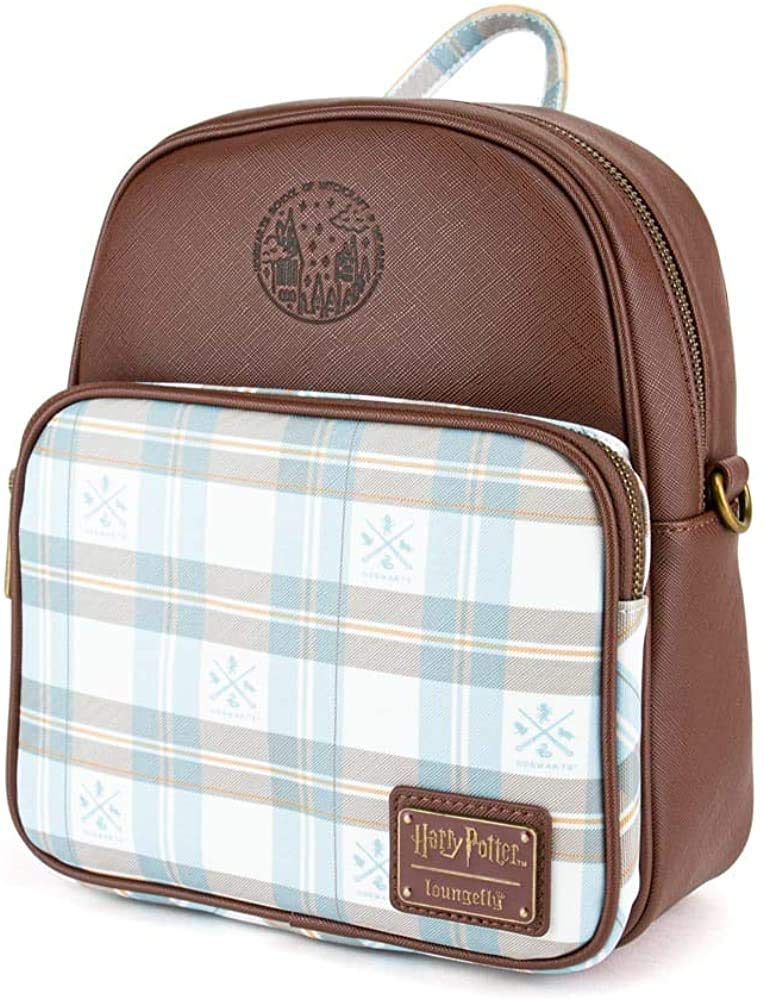 Loungefly x Harry Potter Hogwarts Plaid Convertible Mini Backpack or Crossbody Bag (One Size, Blue/Brown)