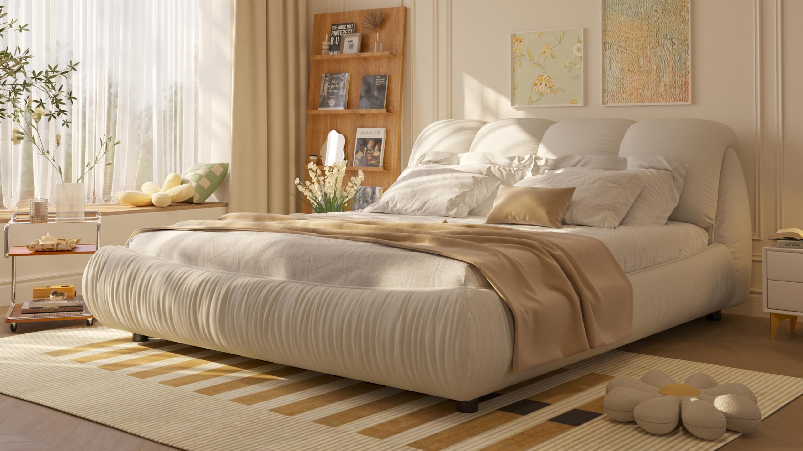 Yoglad Queen Size Contemporary Upholstered Bed, Oversized Padded Backrest Bed Frame, with Wooden Slats Support, No Box Spring Needed, Easy Assembly (Beige)