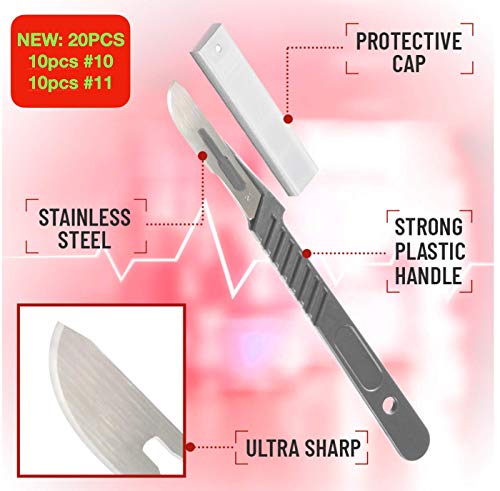 MedHelp Disposable Scalpels #10 + 11 β Box of 20 Disposable Dermaplaning Blades with Plastic Handle, Scalpel Blades, High Carbon Steel Dermablade Blades Individually Wrapped Sterile