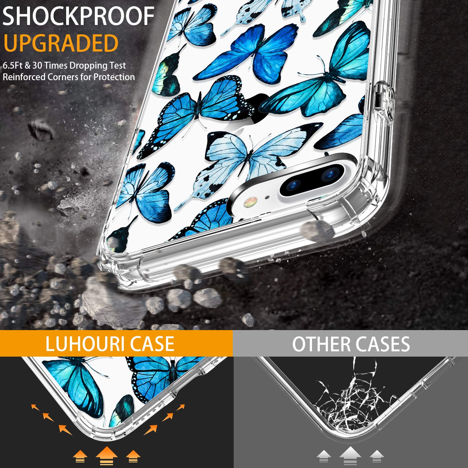 LUHOURI iPhone 8 Plus/7 Plus Case with Screen Protector,Clear Cover with Fashion Cute Designs for Women Girls,Slim Fit Durable Protective Phone Case for Apple iPhone 8 Plus/7 Plus Blue Butterflies