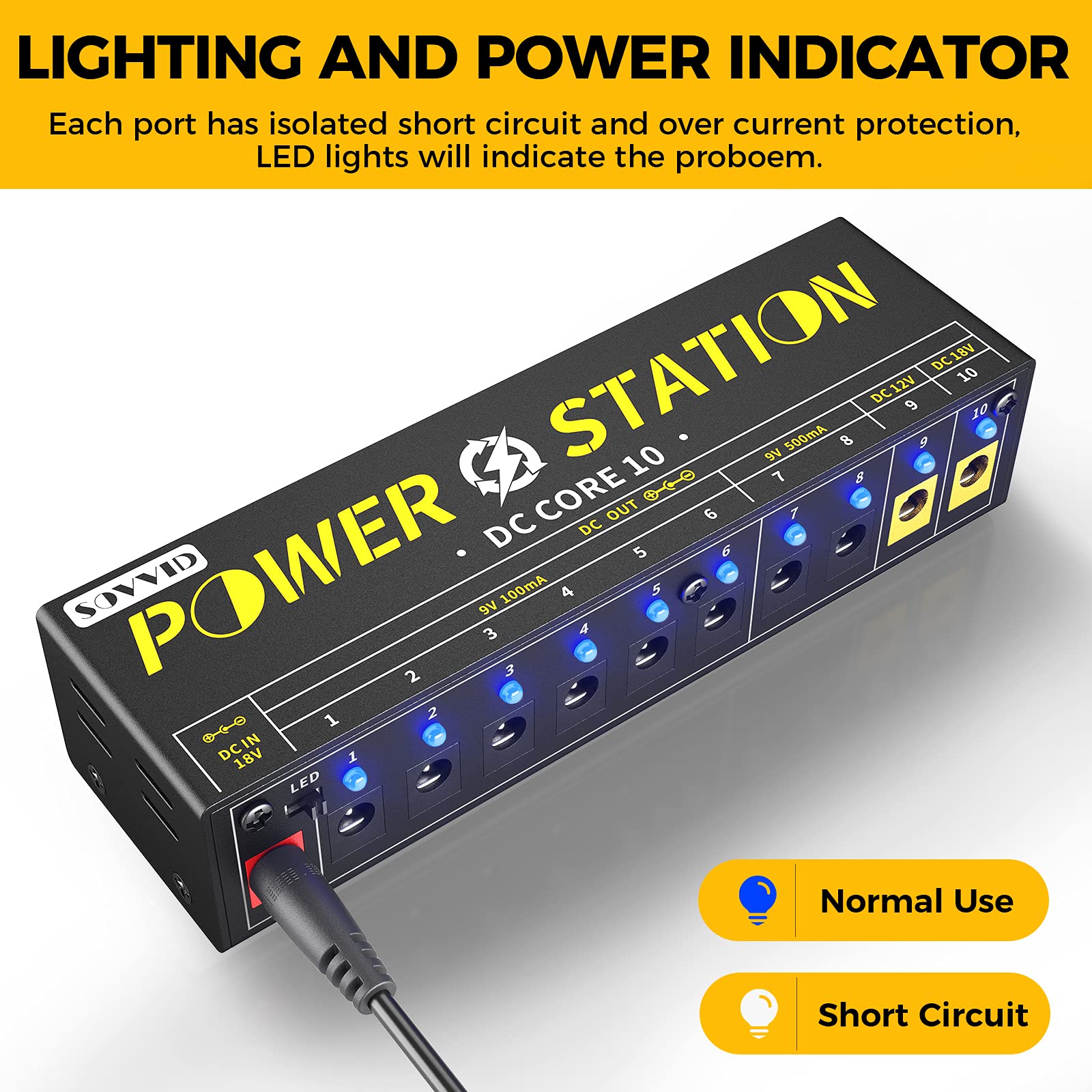 Sovvid Guitar Pedal Power Supply - 10 Isolated DC Output for 9V/12V/18V 100mA 500mA Effect Pedal Board Power Supply with Smart Short Circuit and Overcurrent Protection1
