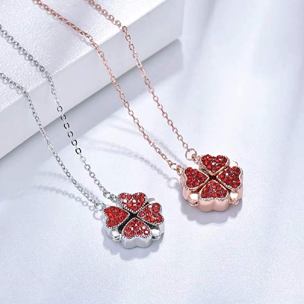 Lam Sence Sterling Silver Heart Shaped and Four Leaf Clover Convertible Pendant Necklace Crystals Jewelry for Women(Rose Gold)