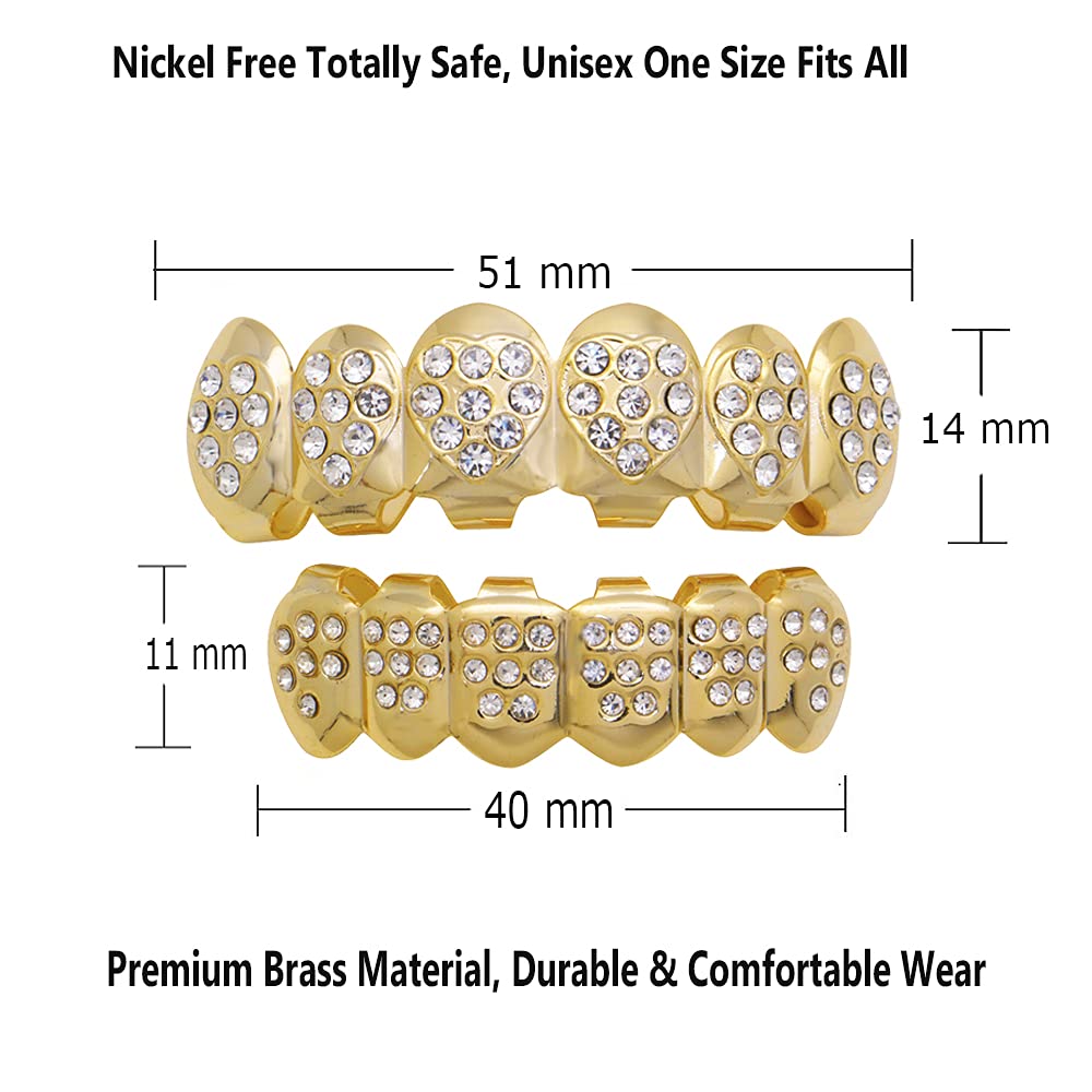 LuReen 14K Gold Heart Diamond Grillz for Men Women Top and Bottom Teeth Grillz +2 Extra Molding Bars