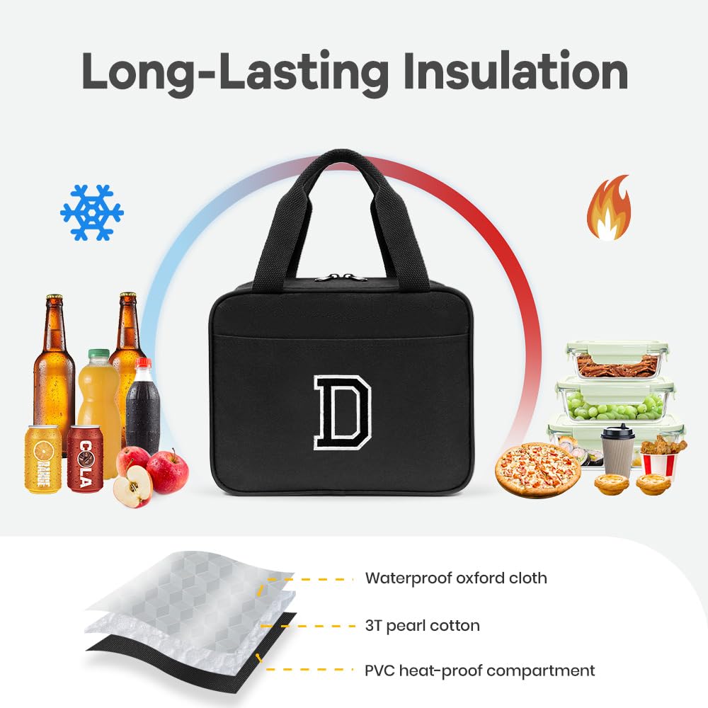 Lunch Bag Women Men, Lunch Box for Work, Insulated Reusable Lunchbox, Personalized Lunch Tote Bag for Work, Office, Picnic, Beach (Black,A)