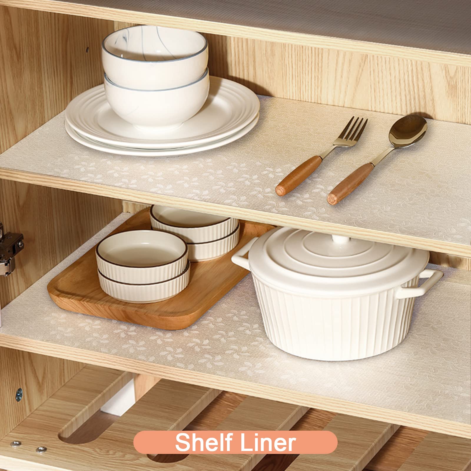 Shelf Liner, Shackcom 17.5in x 19.7ft Non-Slip Drawer Liner, PET Non Adhesive Washable Oil-Proof for Kitchen Cabinet, Shelves, Refrigerator, Storage, Table, Sink Mat (Clear, Bauhinia Pattern)