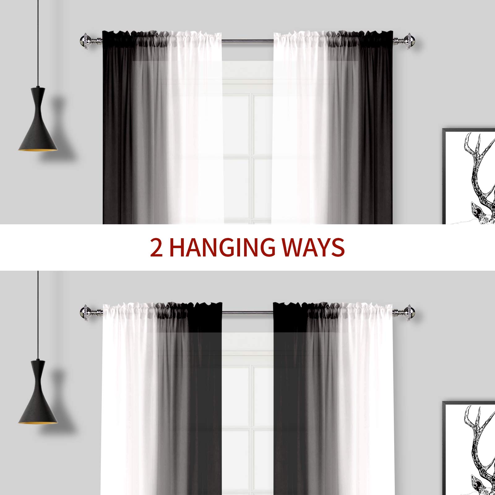 Melodieux Black Ombre Sheer Curtains 84 Inches Long for Living Room, Bedroom Chiffon Black White Gradient Rod Pocket Voile Drapes, 52 by 84 Inch, 2 Panels