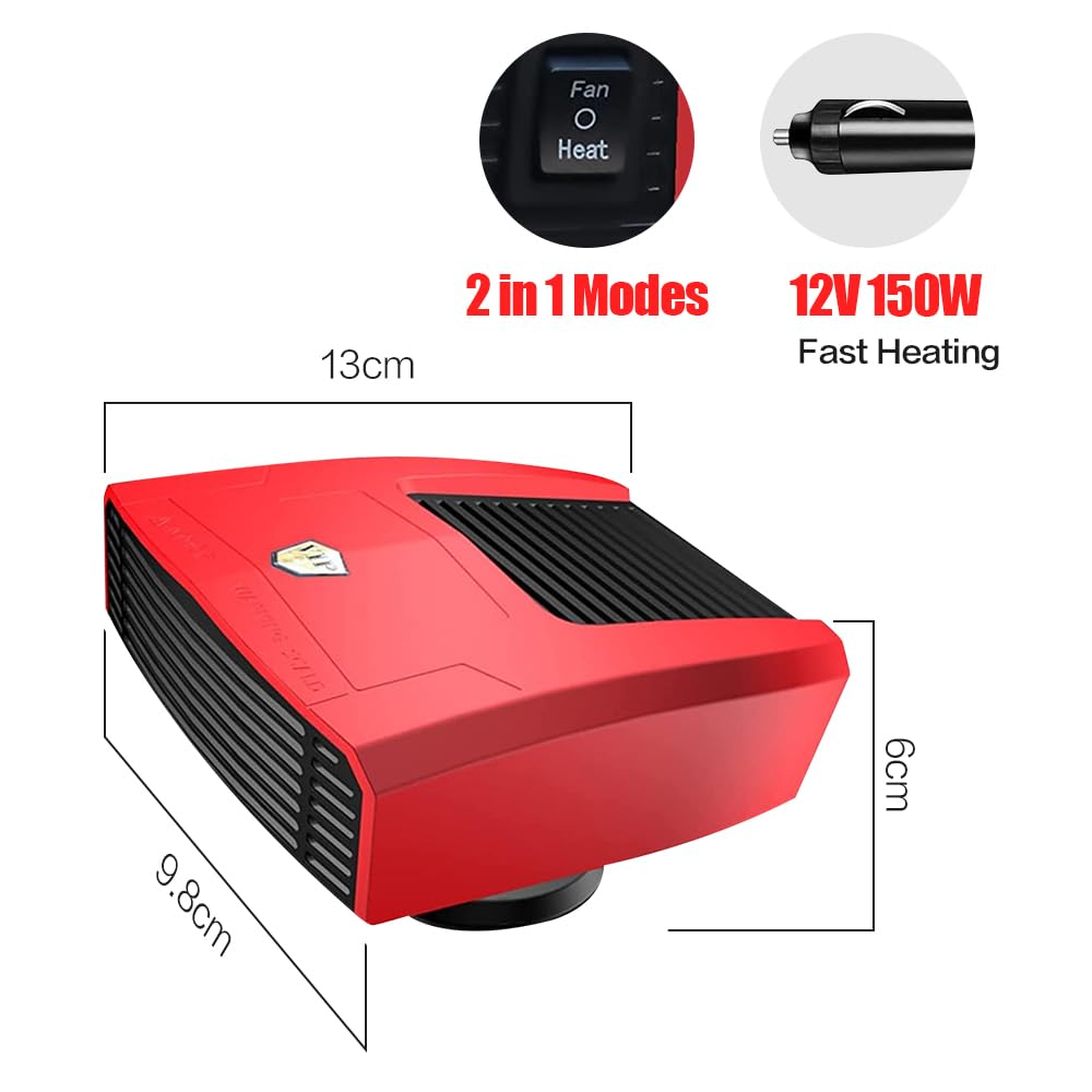 KUTUKU Car Defogger Defroster 2-in-1 Portable Car Fan with Air Purification 12V 150W Fast Heating Quickly Auto Heater Cooling Fan Automobile Windscreen Fan in Cigarette Lighter (Red)