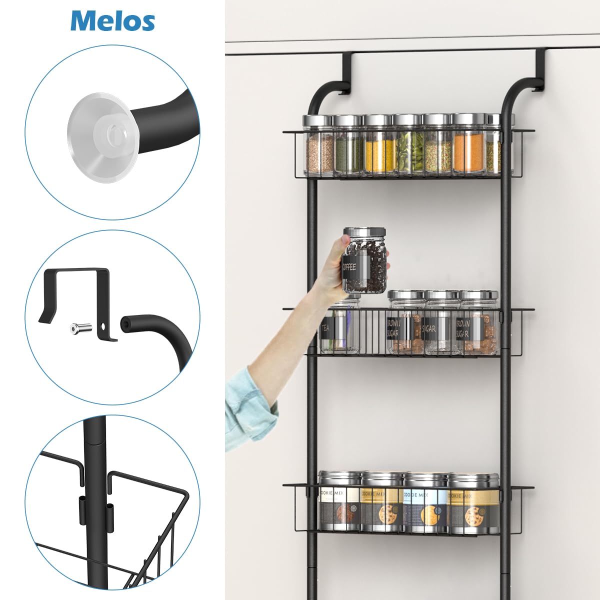 melos White Over The Door Pantry Organizer Rack, 8 Tier Heavy-Duty Metal Back Of Door Shelf Organizer, Over The Door Hanging Spice Rack With 8 Baskets for Closet, Bathroom, Kitchen