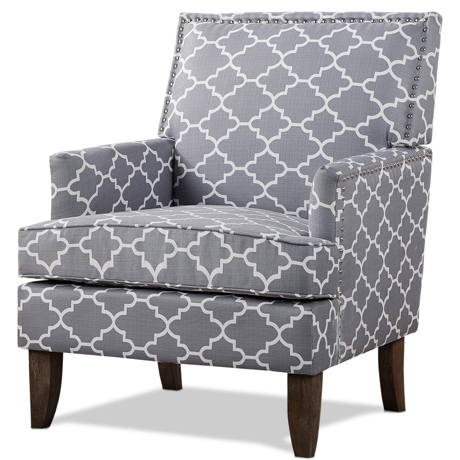 KUVENQIW Modern Accent Chairs,Nailhead Trim Club Chair,Linen Fabric Sofa Chair,Upholstered Button Tufted Armchair,Reading Chair (Grey Pattern)