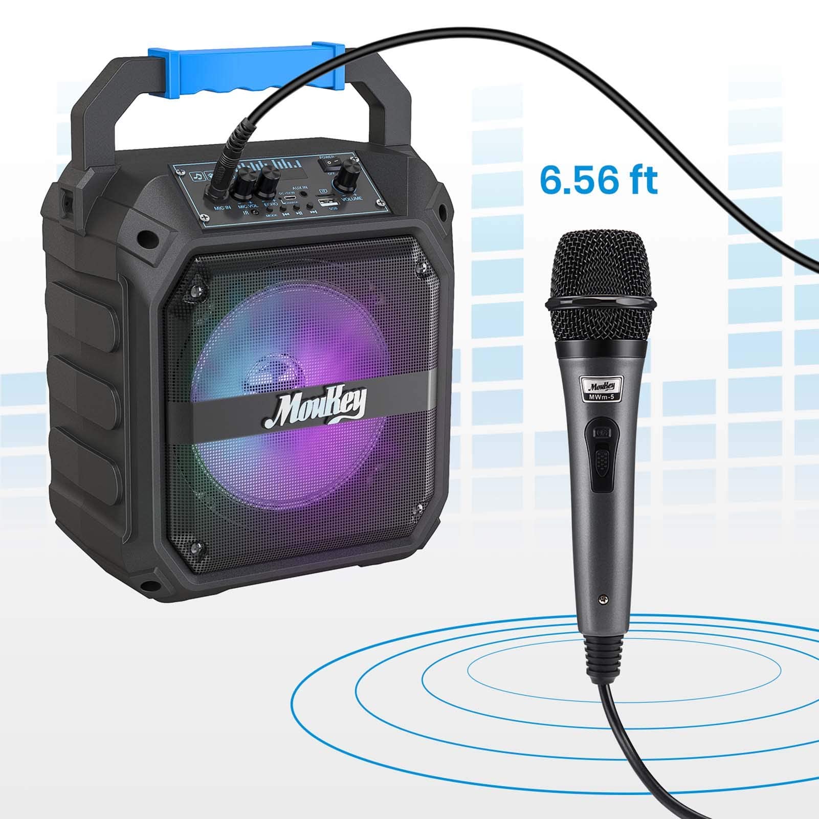 Moukey Portable Karaoke Machine - Bluetooth PA Speaker with Microphone, 6.5'' Stereo Speaker, DJ Lights, FM Radio, Remote Control, Rechargeable, Supports TF Card/USB - MPS2