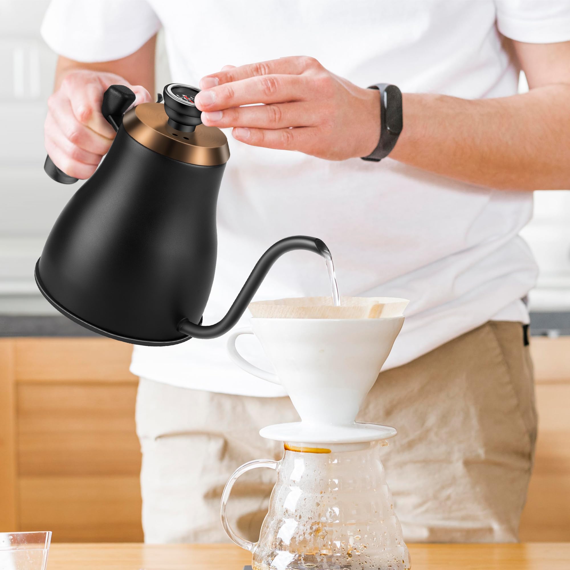 Meelio Pour Over Coffee Kettle 1.2 Liter 40 oz Tea Kettle with Thermometer for Stove Top Gooseneck Kettle, Stainless Steel Tea Pot Stovetop Teapot for Drip Coffee, Tea,Black