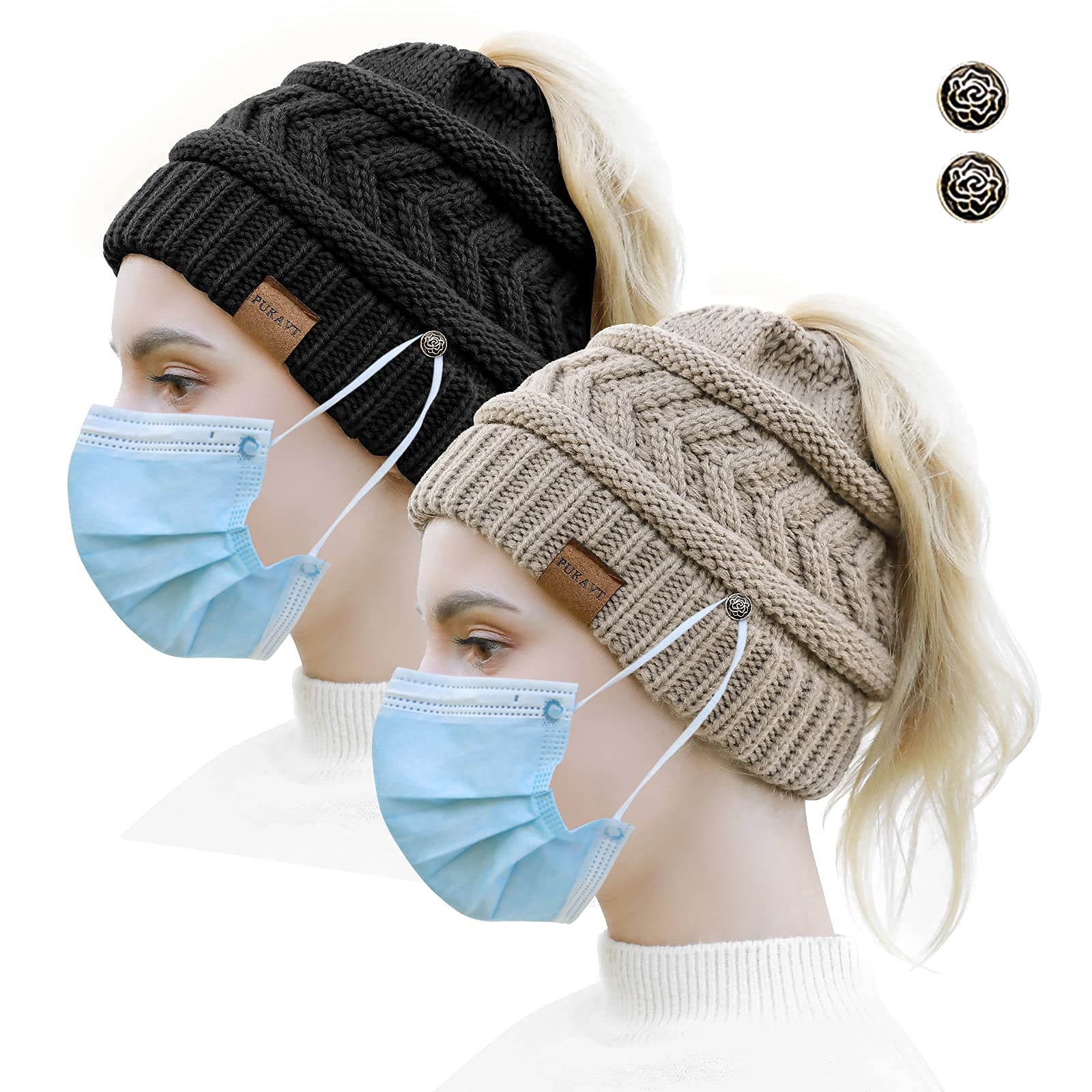 Pukavt 2 Pack Winter Ponytail Beanie Hat for Women,Soft Stretch Cable Knit Messy Bun Beeanie,Trendy and Warm Beige/Black
