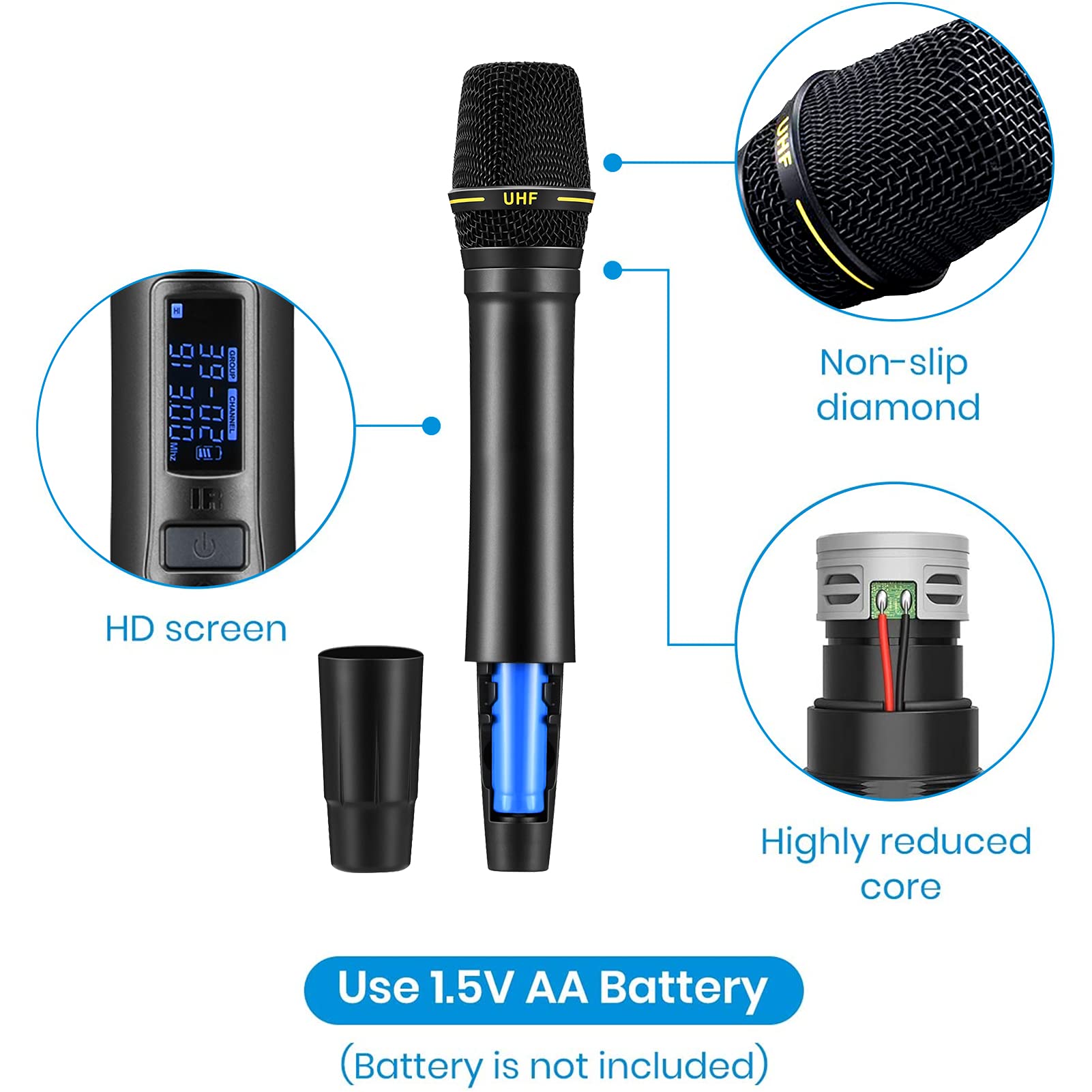 Moukey Wireless Microphone, 260 Channels Dual Handheld Dynamic Karaoke Microphone, Anti-Interference, 262ft Range, UHF Mics for Karaoke/Voice Amplifier/PA System/DJ/Church