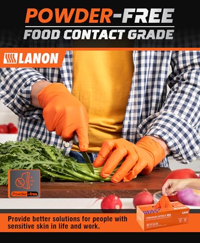LANON 8mil Orange Disposable Nitrile Gloves, Mechanic, Heavy Duty, Food Safe, Latex Free, Powder Free, Fully-Diamond Textured, Large