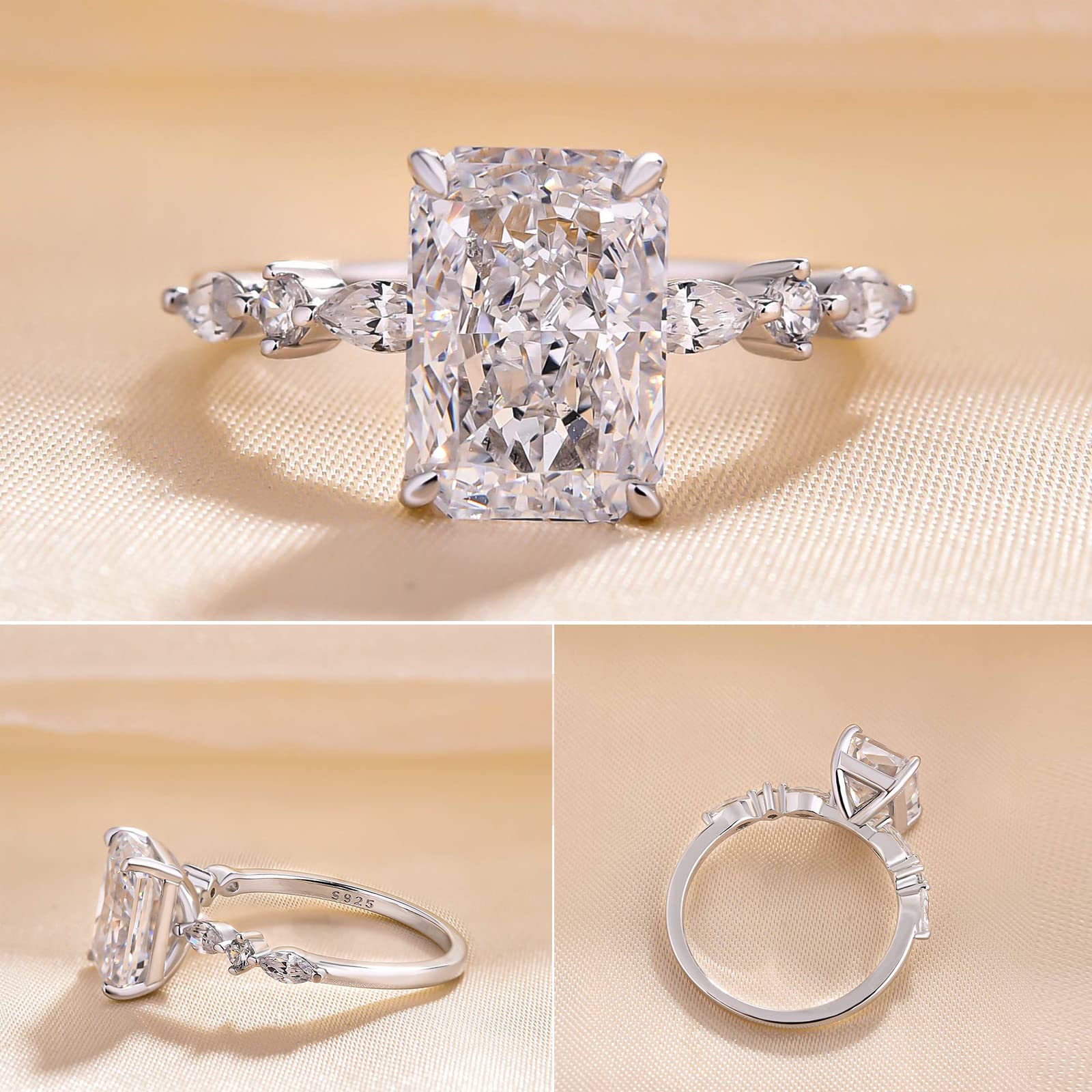 RODIFFY 3.5CT Radiant Cut Engagement Ring for Women, White Sapphire Simulated Diamond,18K White Gold Plated 925 Sterling Silver Promise Ring
