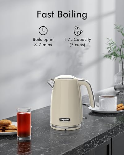 LONGDEEM Electric Kettle Stainless Steel 1.7L - 1500W Quick Boil, Retro Style, Auto Shut-Off, Boil Dry Protection with Filter & Water Gauge - Perfect for Tea, Hot Water, Cream