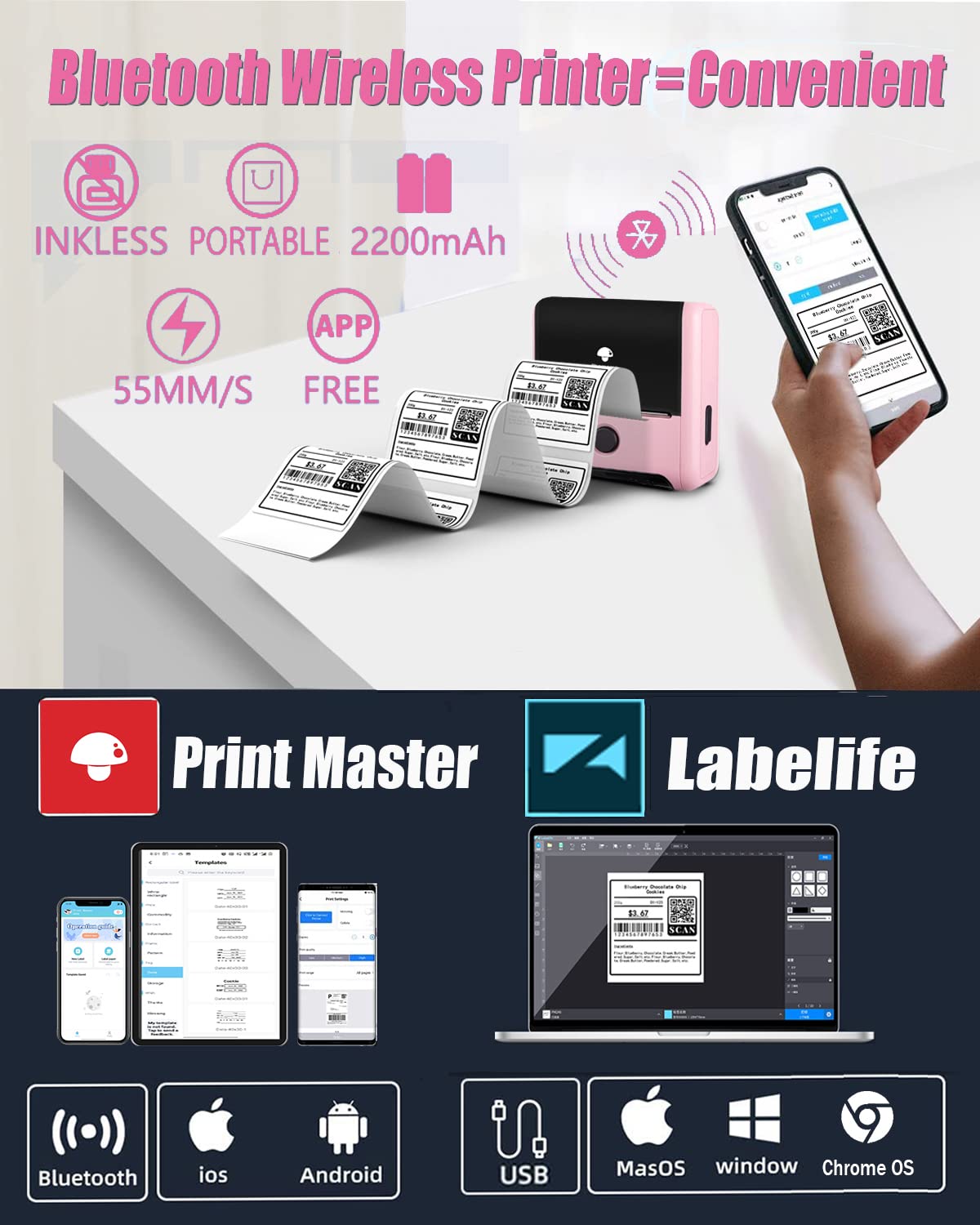 Memoking M200 Label Maker Set with 3 Rolls 1" x 2-5/8" Thermal Label, 3 Inch Barcode Label Printer, Sticker Maker Machine for Labeling, Mailing, Home, Office & Small Business, for Phones&PC-Pink